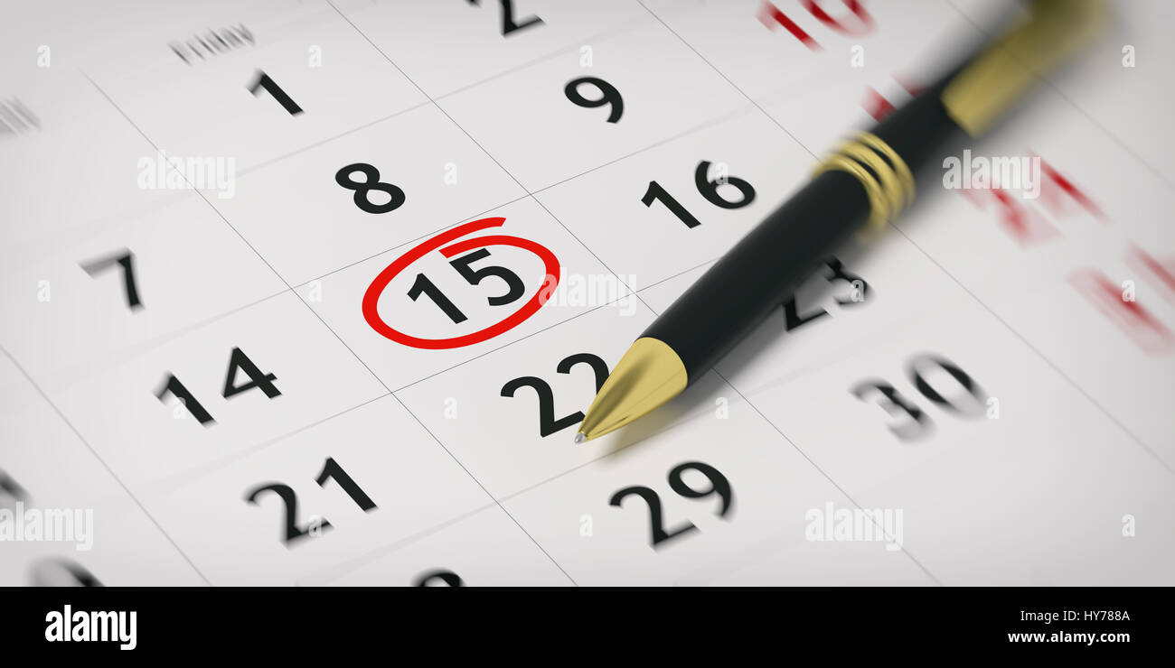 Black ballpoint pen on a calendar and day 15 circled. 3d illustration ...