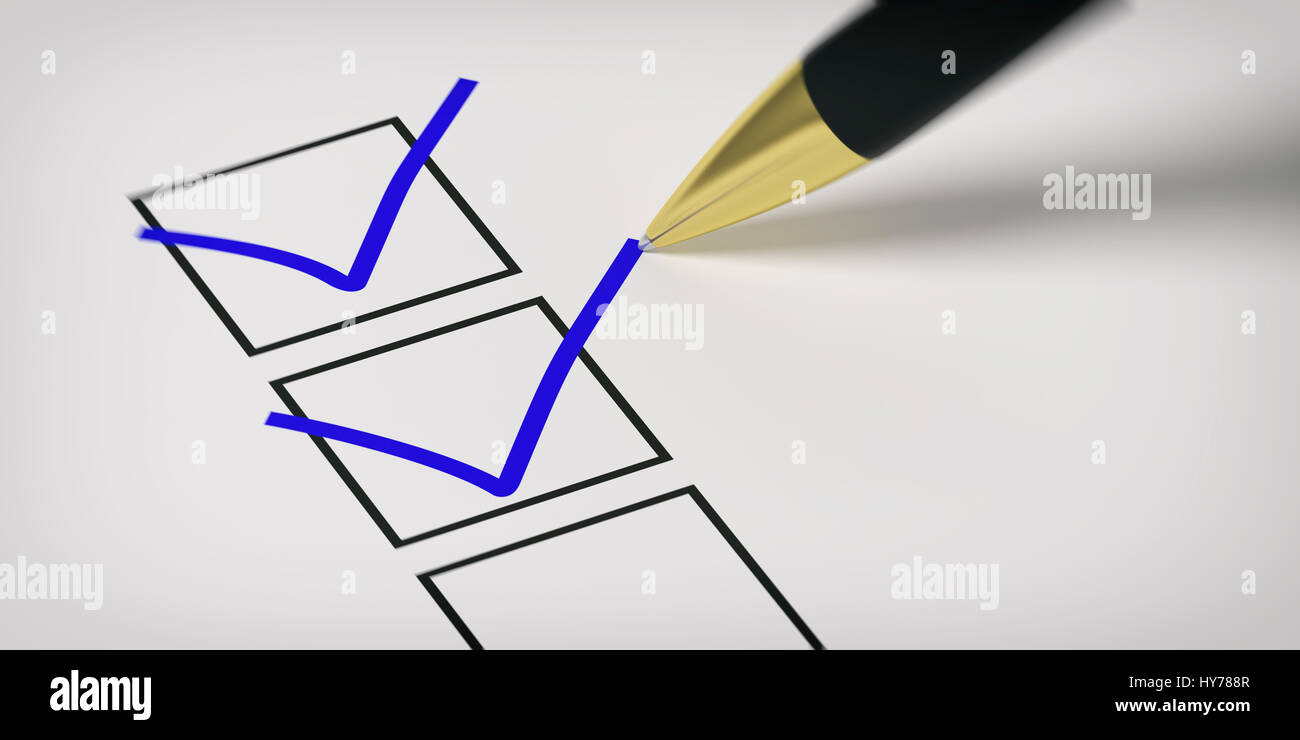 Blue marks on a checklist on white paper. 3d illustration Stock Photo ...