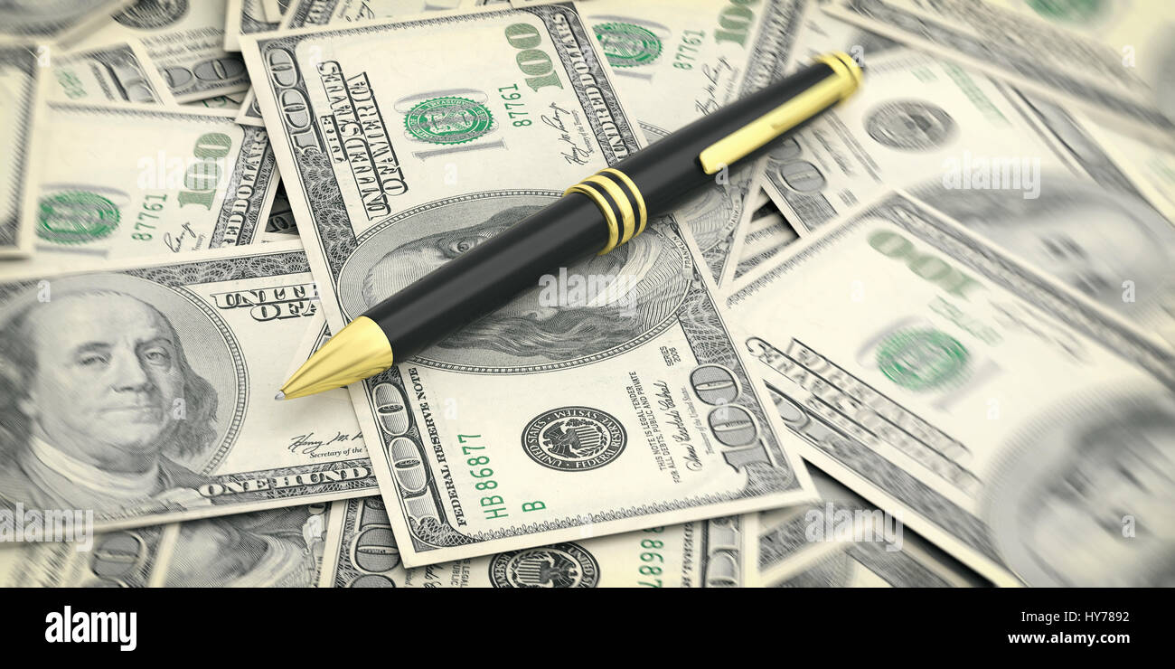 Ballpoint pen on dollar banknotes background. 3d illustration Stock ...