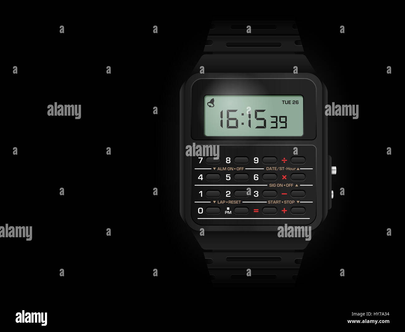 Calculator digital watch on a black background Stock Photo - Alamy