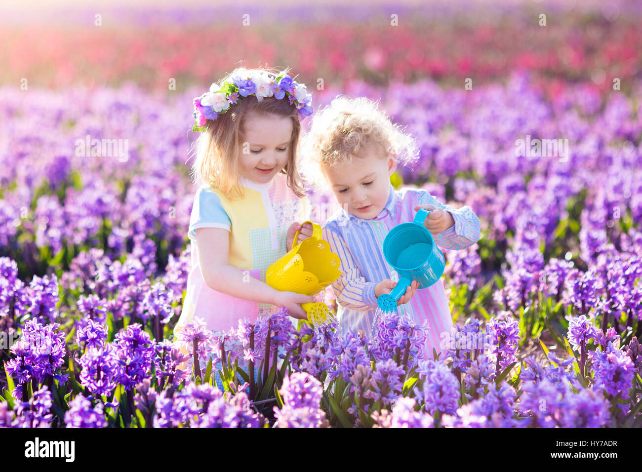 Children planting spring flowers in sunny garden. Little boy and girl ...