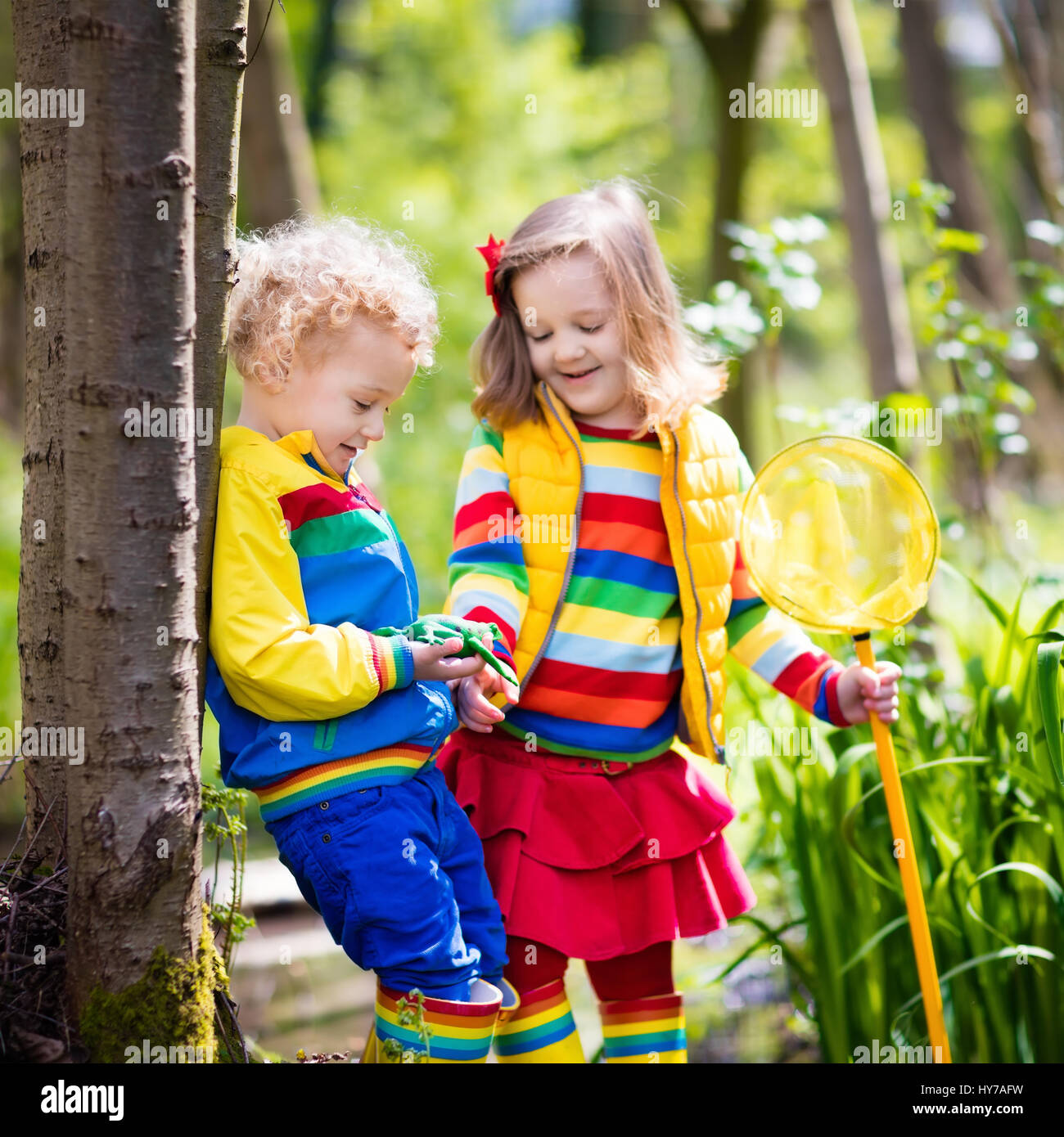 Children playing outdoors. Preschool kids catching frog with net. Boy ...