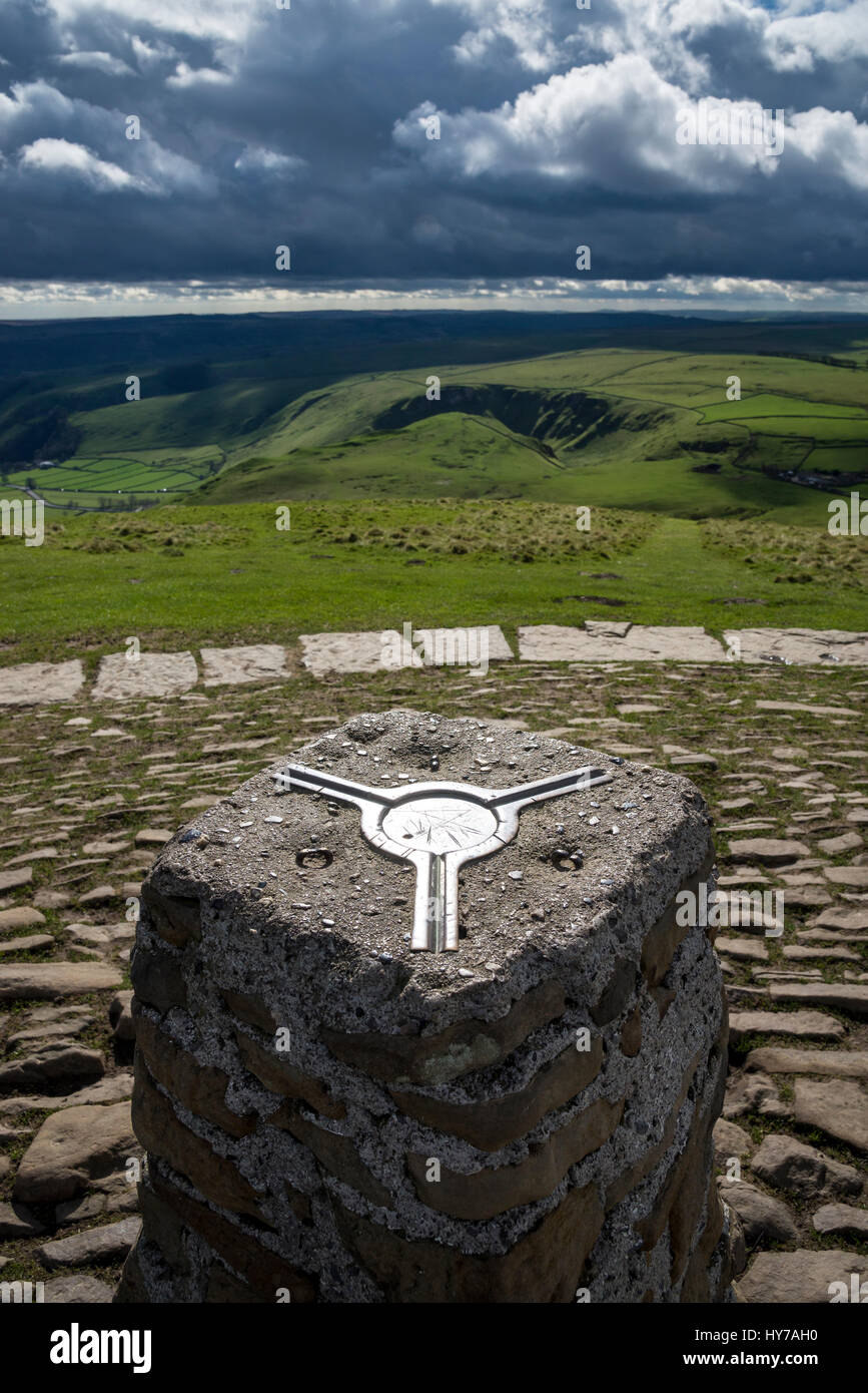 Trig point on the summit of Mam Tor in the Peak District national park ...