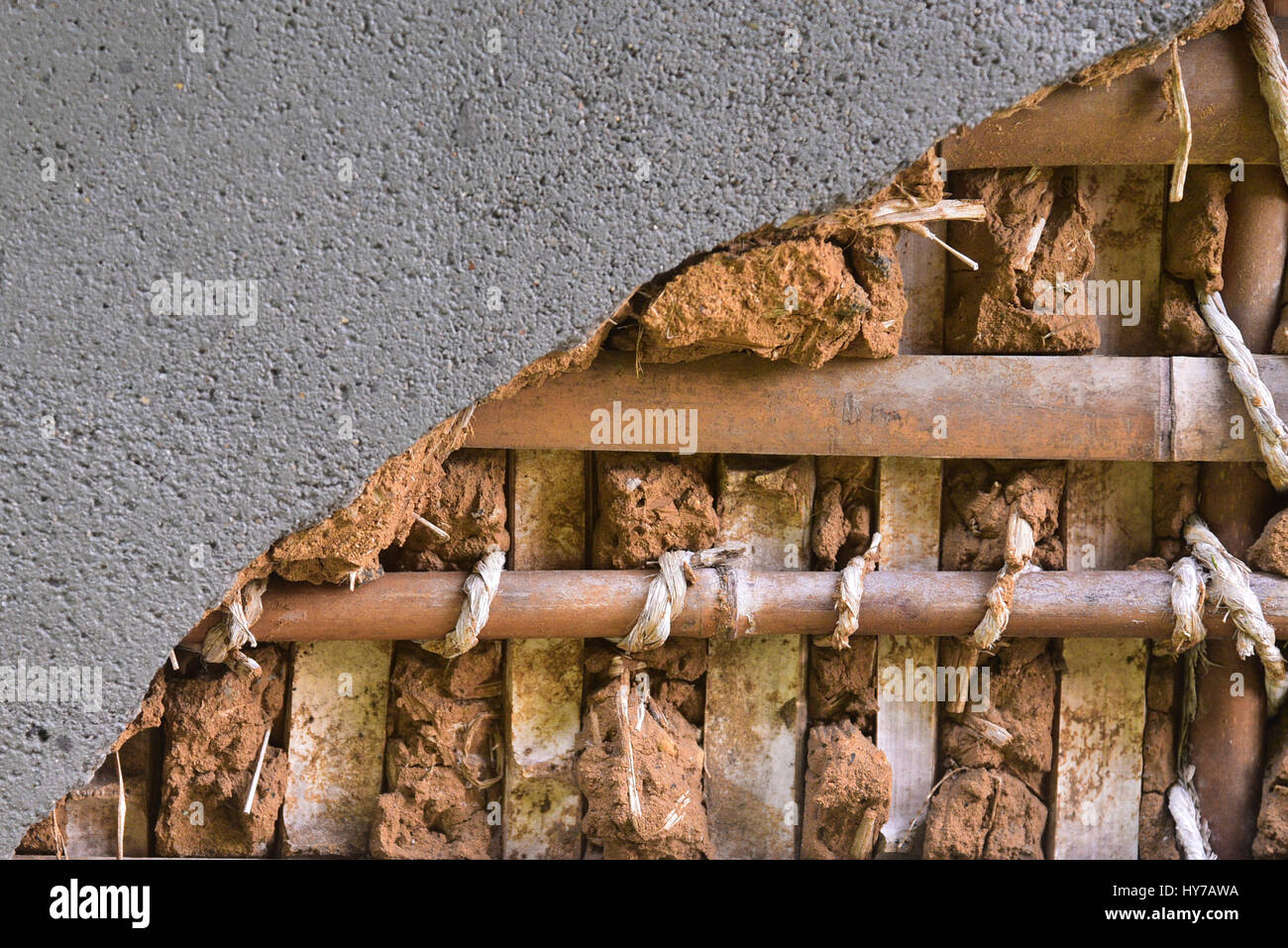 Japanese wall structure close up .The wall surface is cement and inside ...