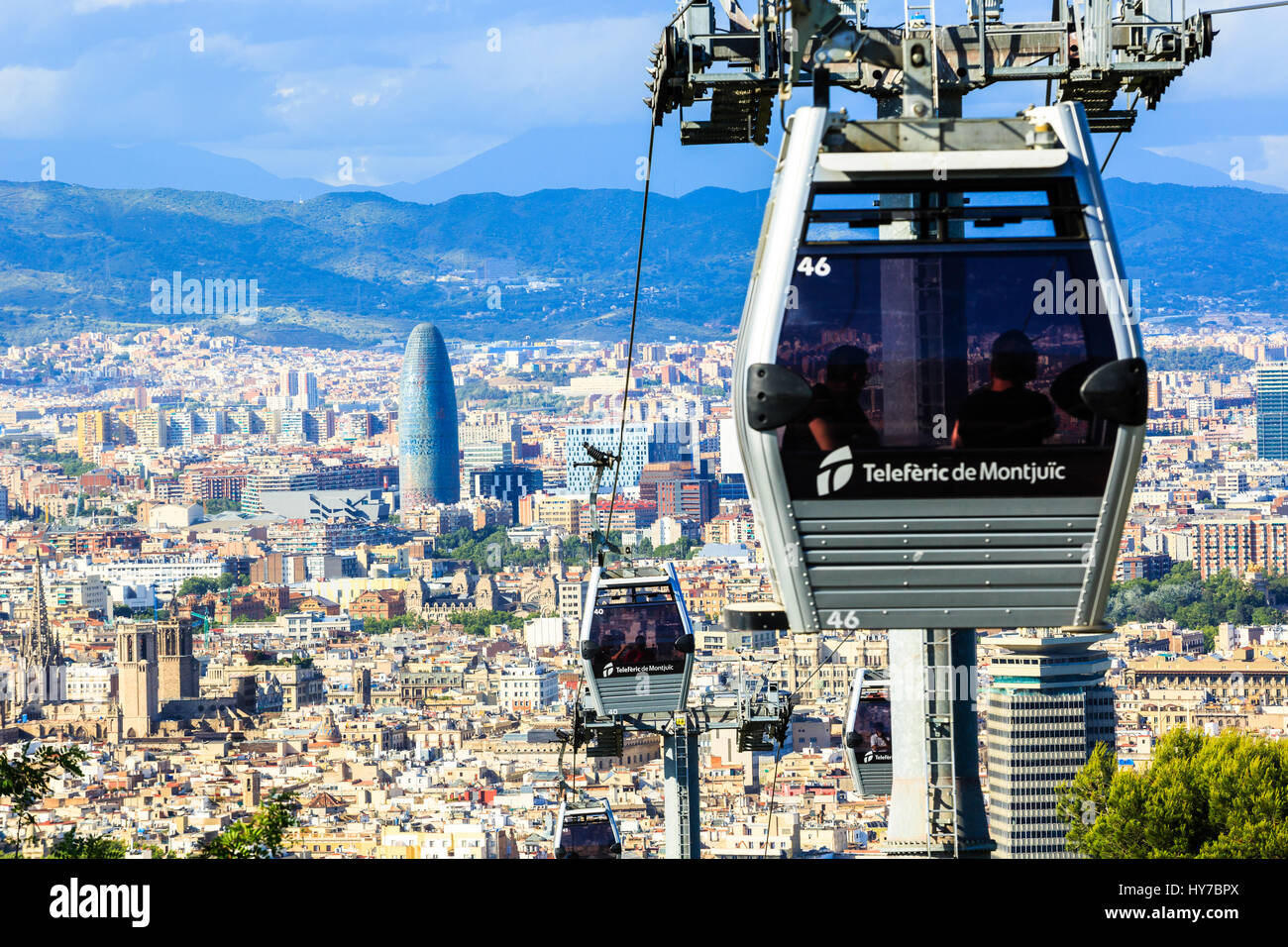 Barcelona, Spain - May 29, 2016: Montjuic funicular, panaramic view of ...