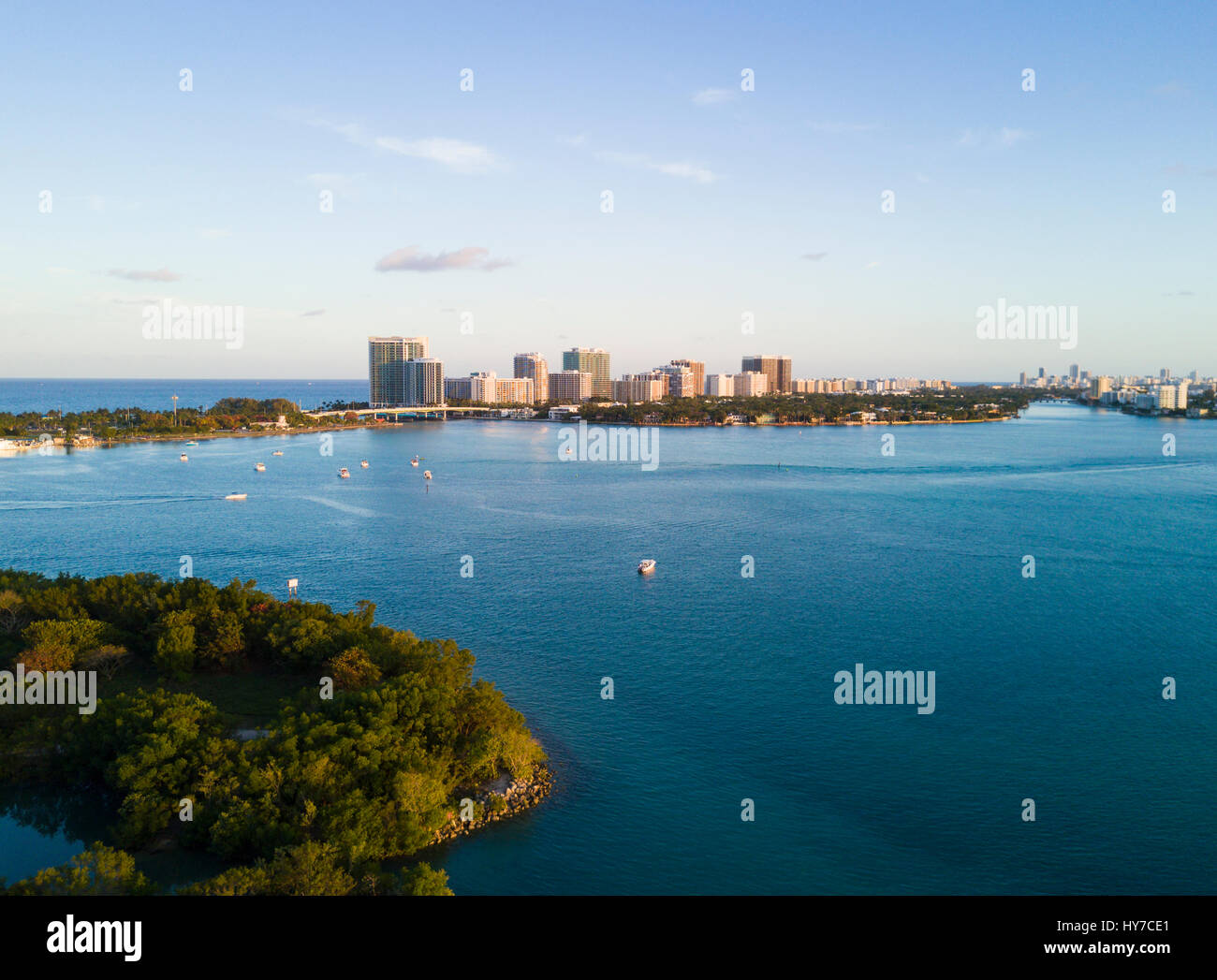 Aerial view of Oleta River State Park, Halouver sandbar, boats, and Bal ...