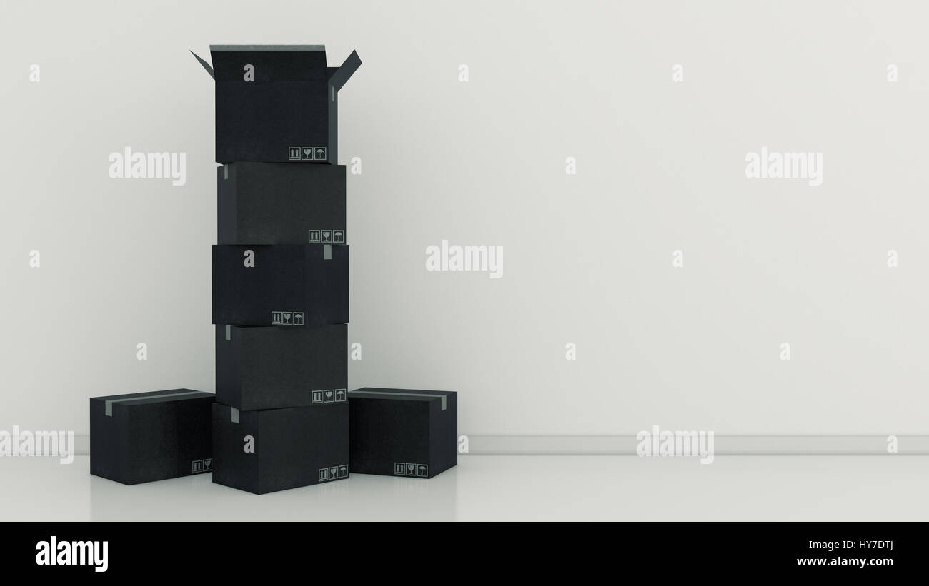 Boxes in empty room 3D Stock Photo - Alamy