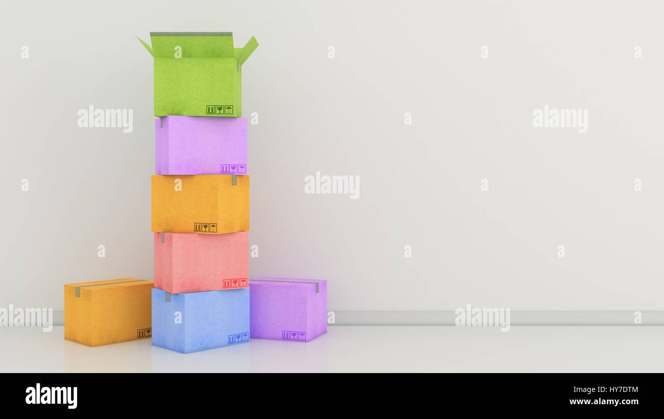 Boxes in empty room 3D Stock Photo - Alamy