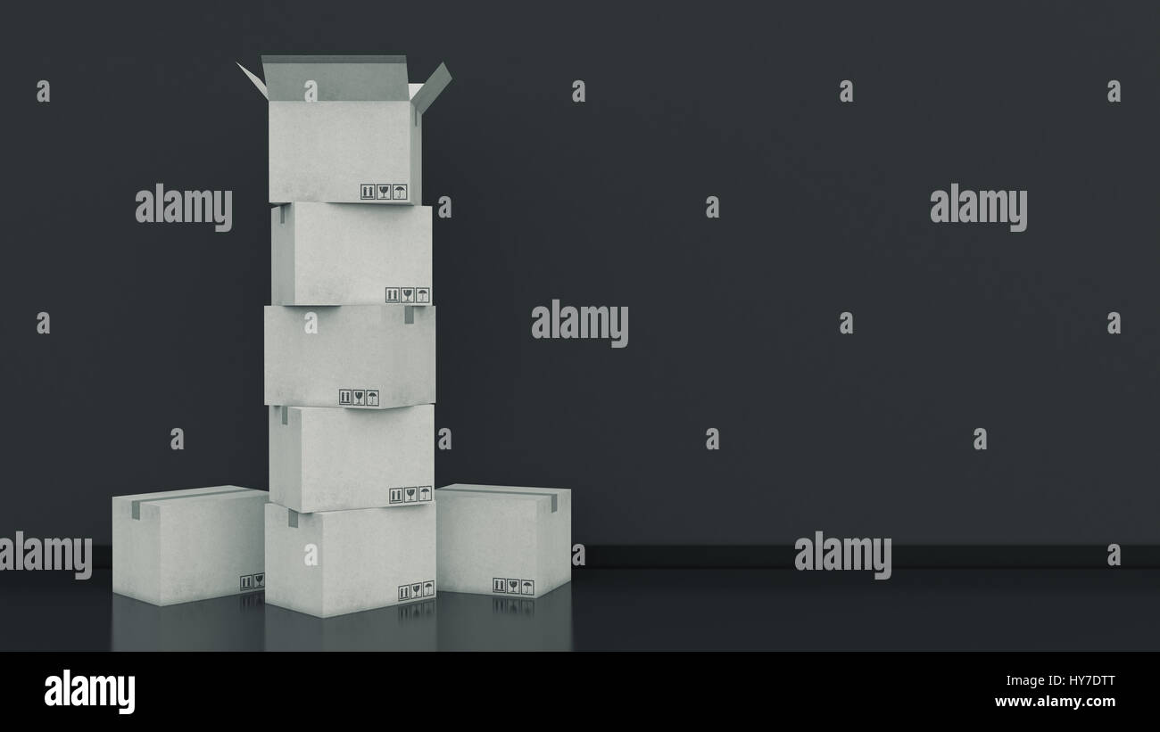 Boxes in empty room 3D Stock Photo - Alamy