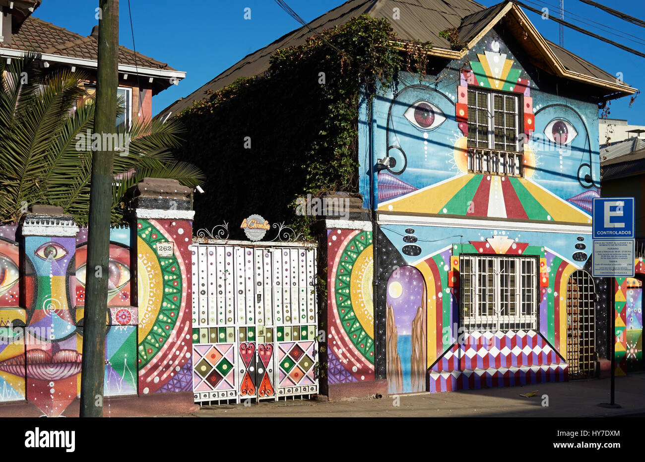 Brightly colored murals in Barrio Bellavista, Santiago, Chile. The ...