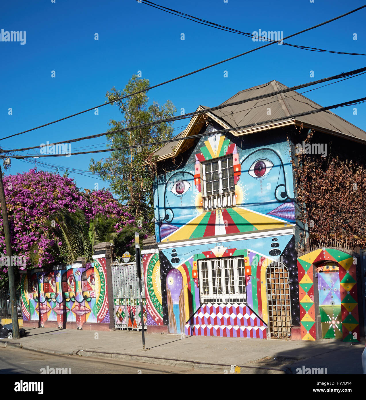 Brightly colored murals in Barrio Bellavista, Santiago, Chile. The ...