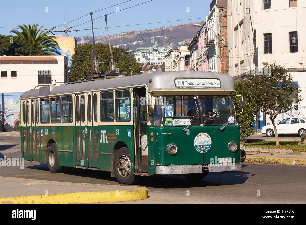 Historic trolley bus in the UNESCO world heritage city of Valparaiso in ...