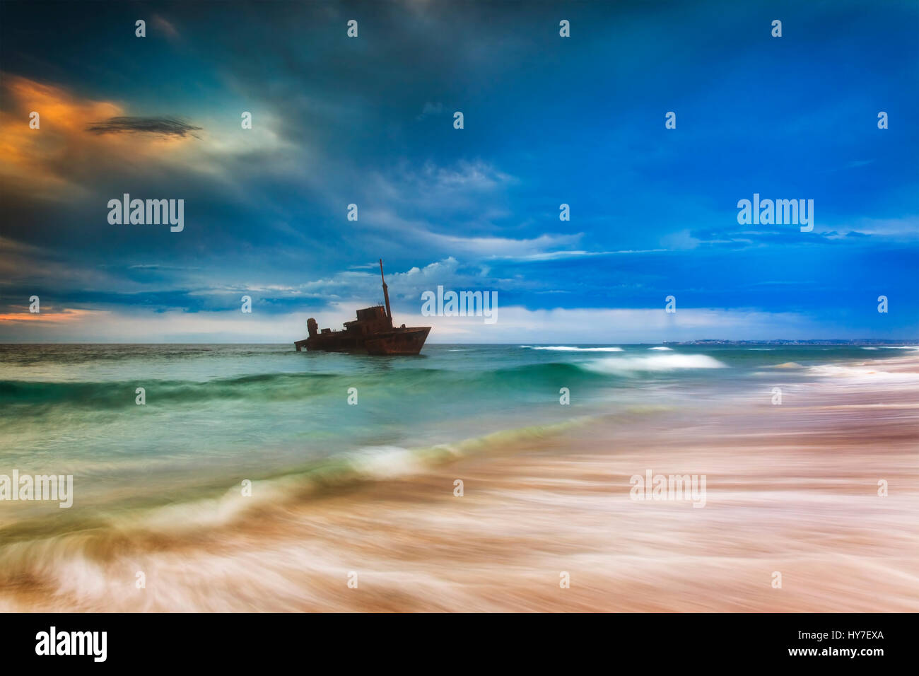 Sygna shipwreck ashore of Stockton Beach facing the city of Newcastle ...