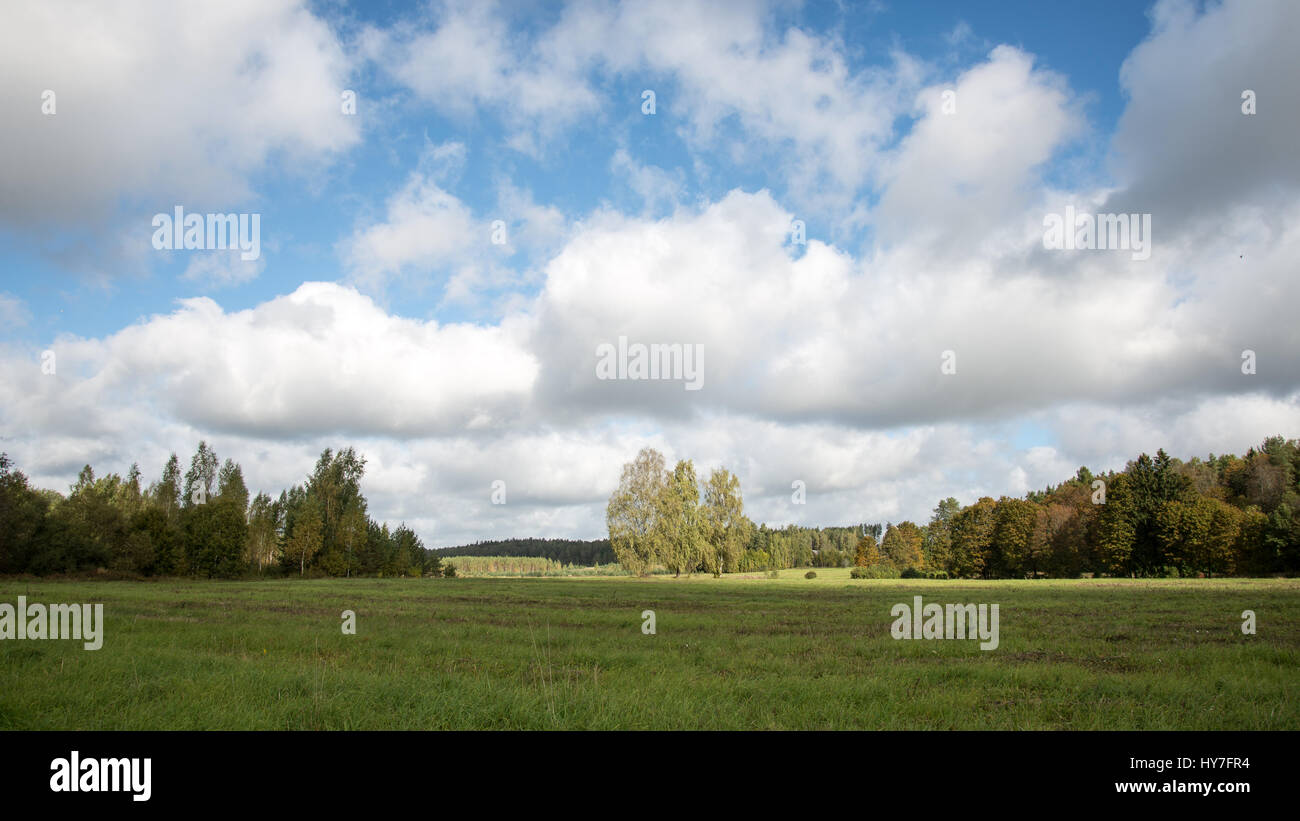 Country landscape under morning sky with clouds. Overcast sky before ...