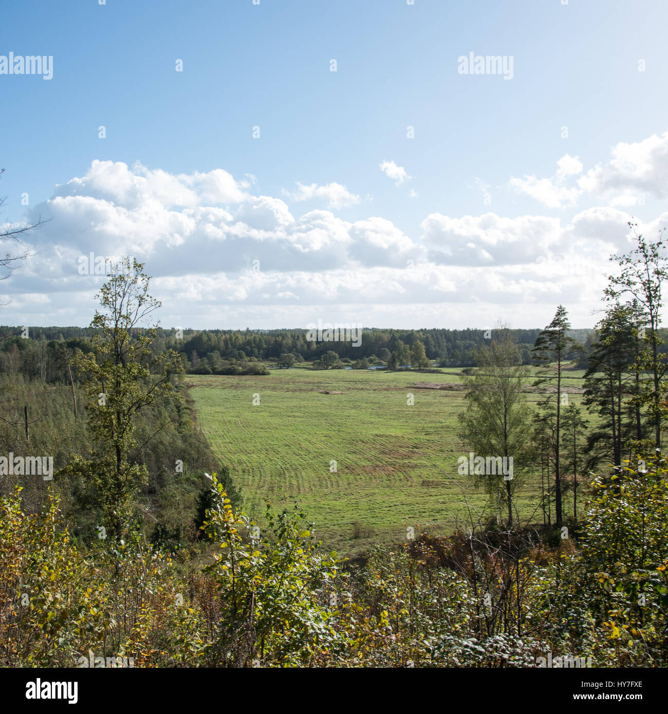 Country landscape under morning sky with clouds. Overcast sky before ...