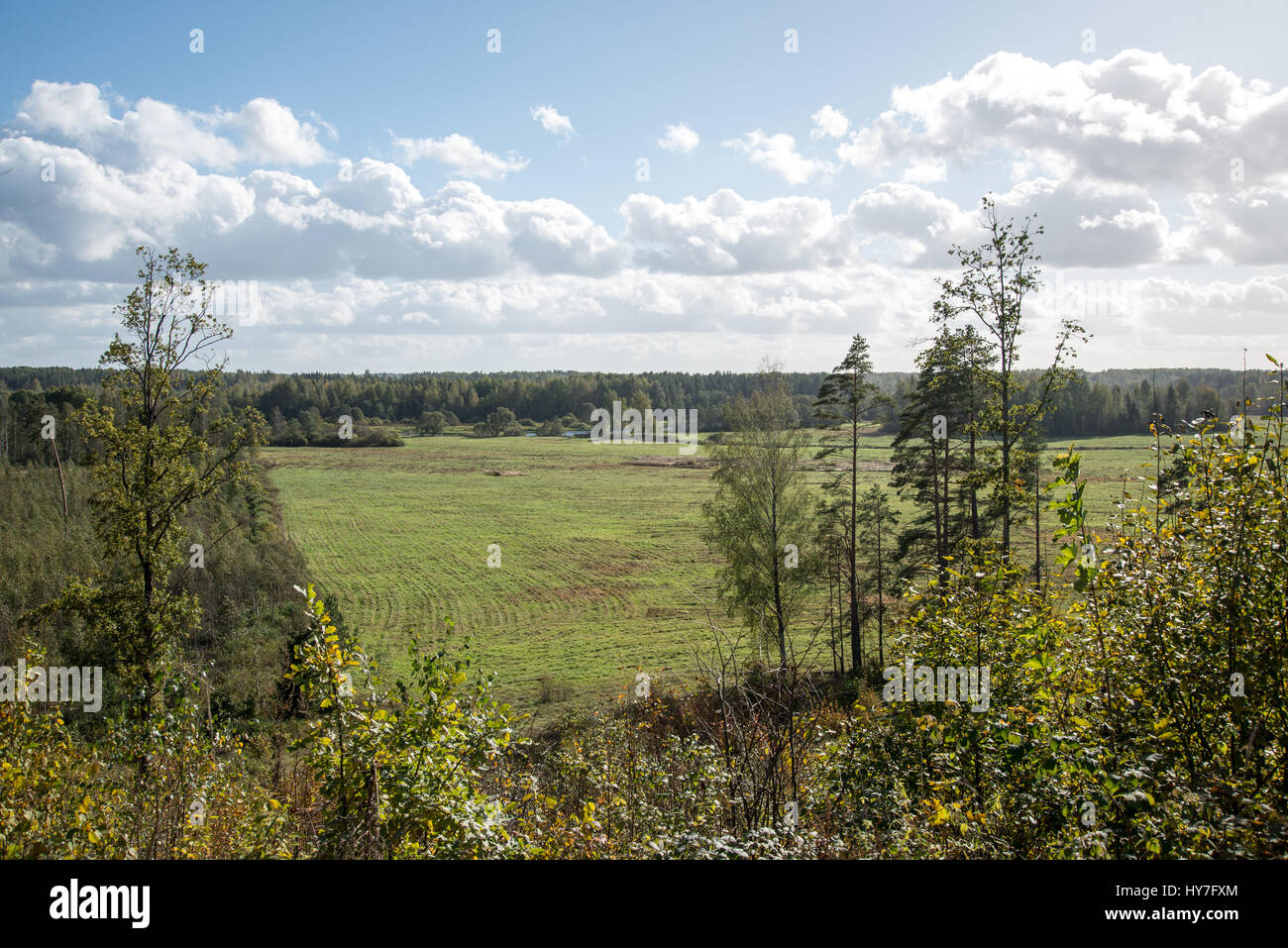 Country landscape under morning sky with clouds. Overcast sky before ...