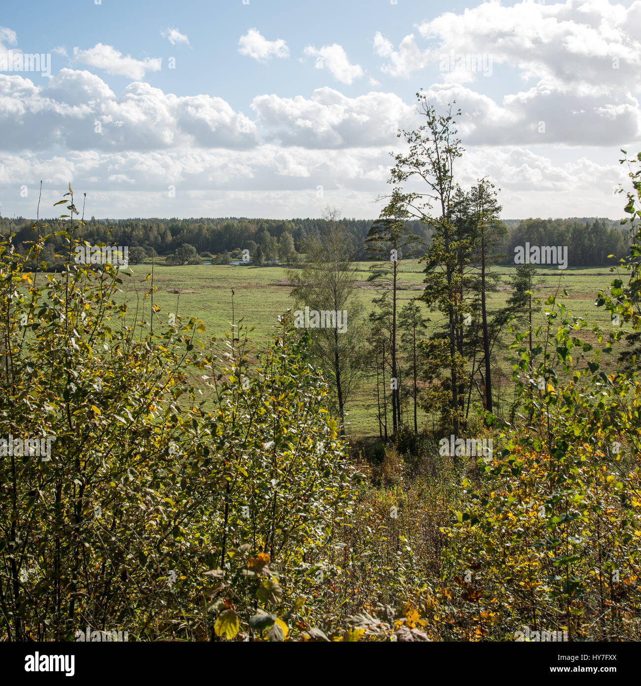 Country landscape under morning sky with clouds. Overcast sky before ...