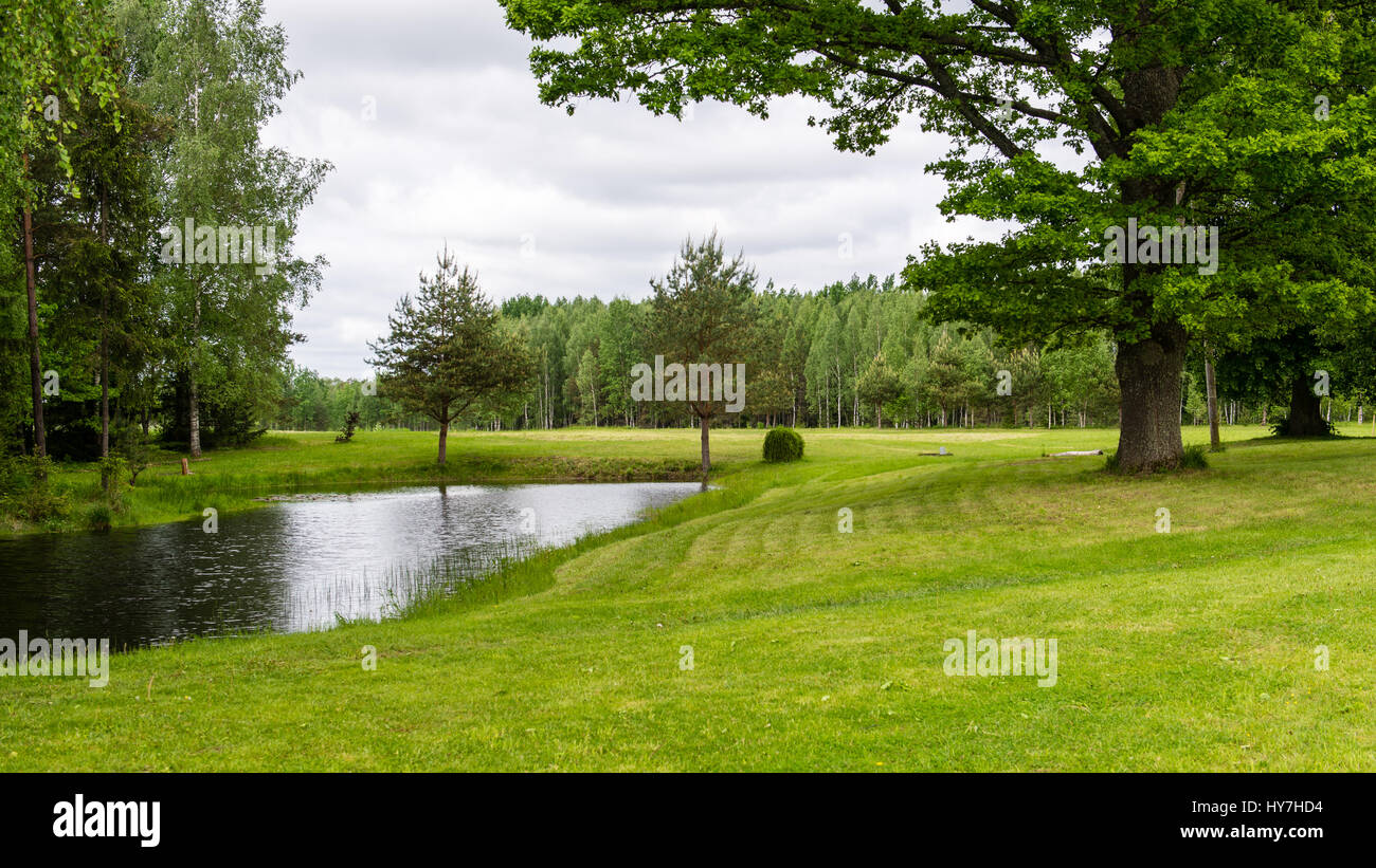 country house with pond and oak trees in green summertime Stock Photo ...