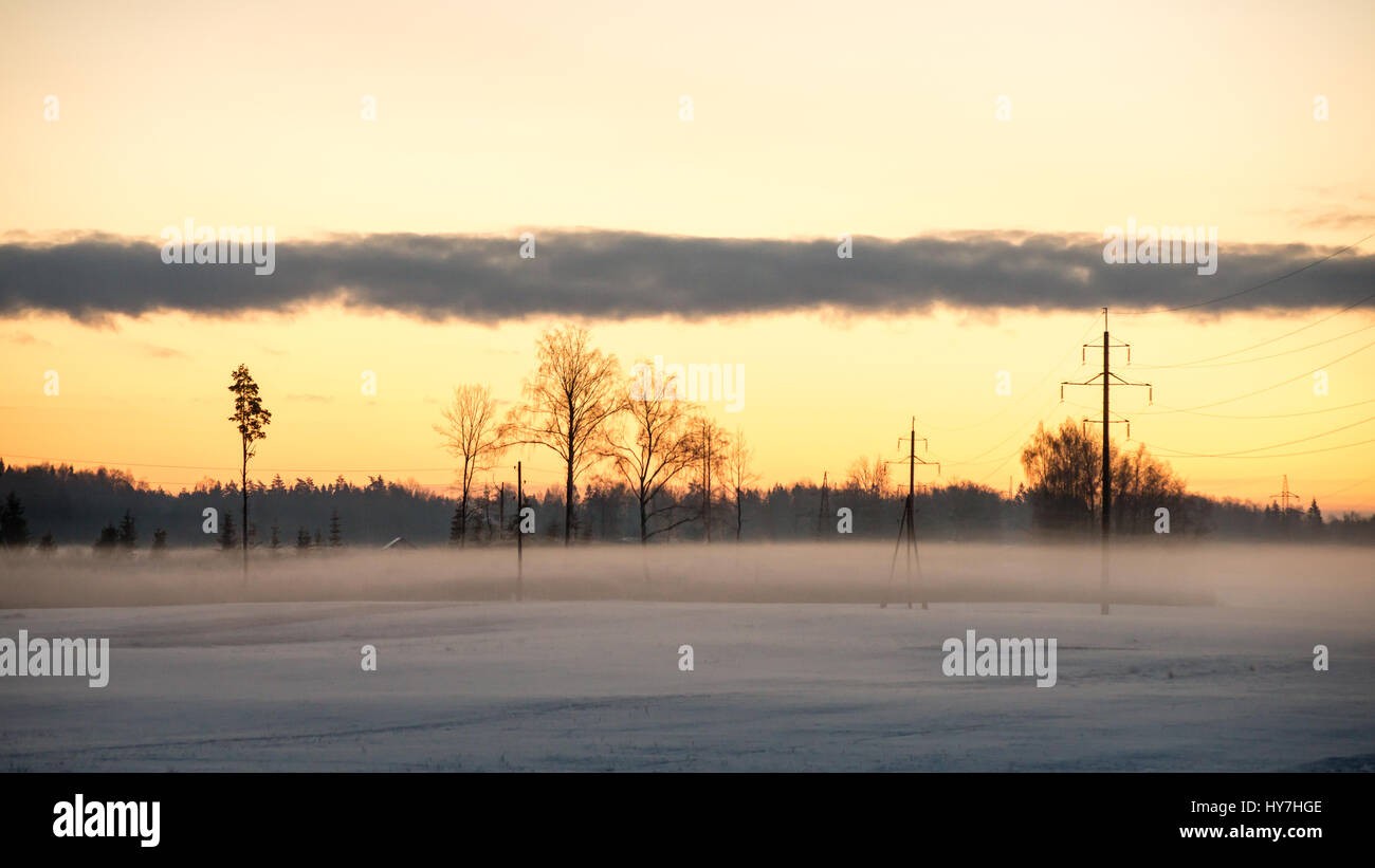 cold morning in the field in winter at countryside with snow and blue ...