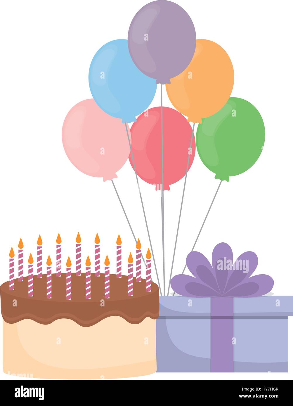 birthday cake, gift box and balloons icon over white background ...