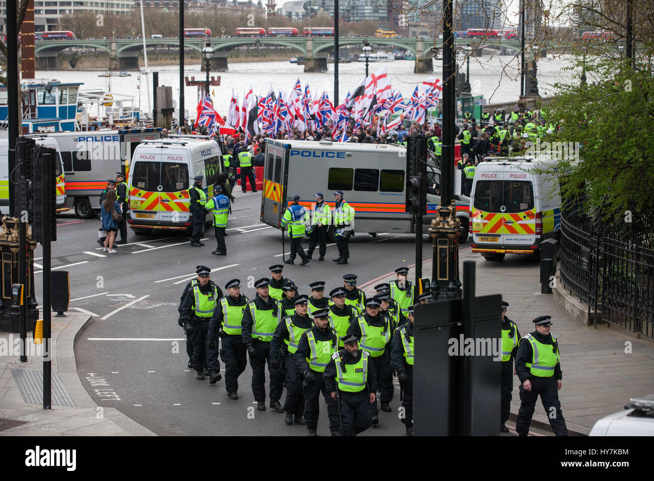 London, UK. 1st April, 2017. Members of far-right group Britain First ...