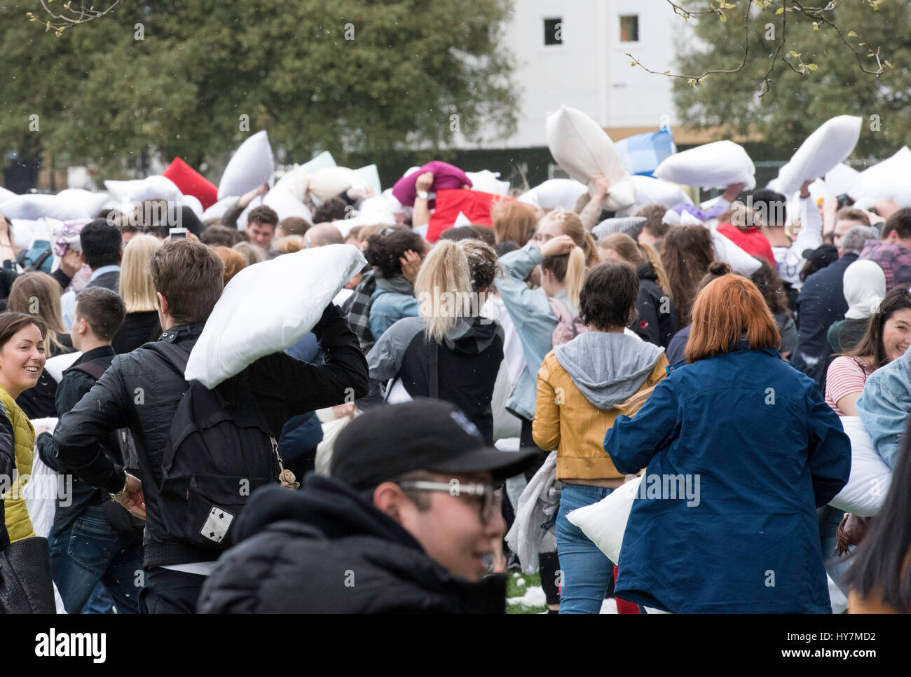 London 1st April 2017, International Pillow Fight Day, Kennington Park ...