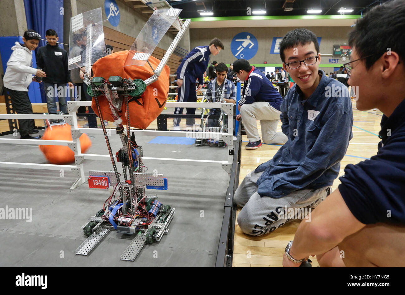 Vancouver, Canada. 1st Apr, 2017. Students test their robot's lifting ...