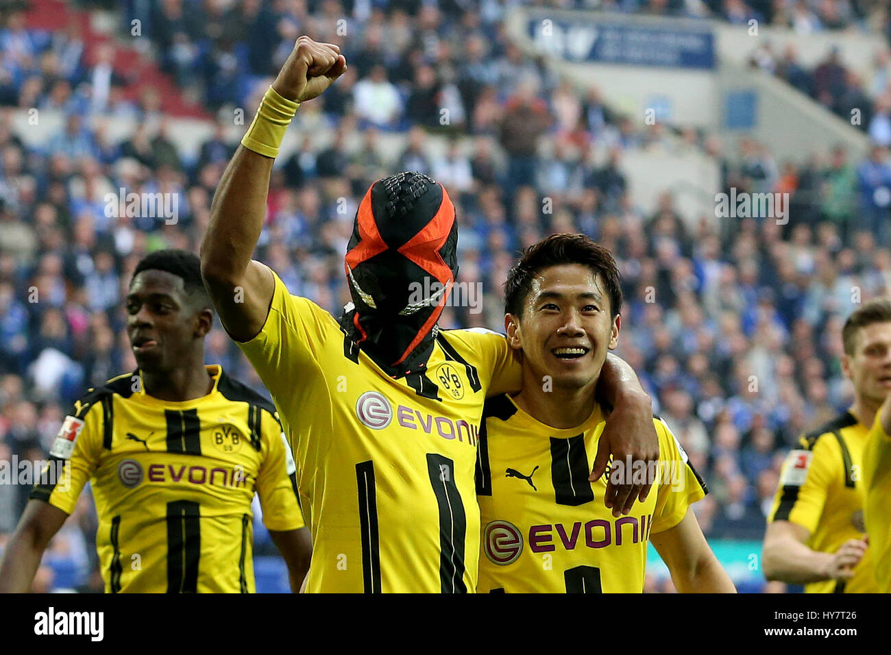Gelsenkirchen. 1st Apr, 2017. Pierre-Emerick Aubameyang (L2) of ...