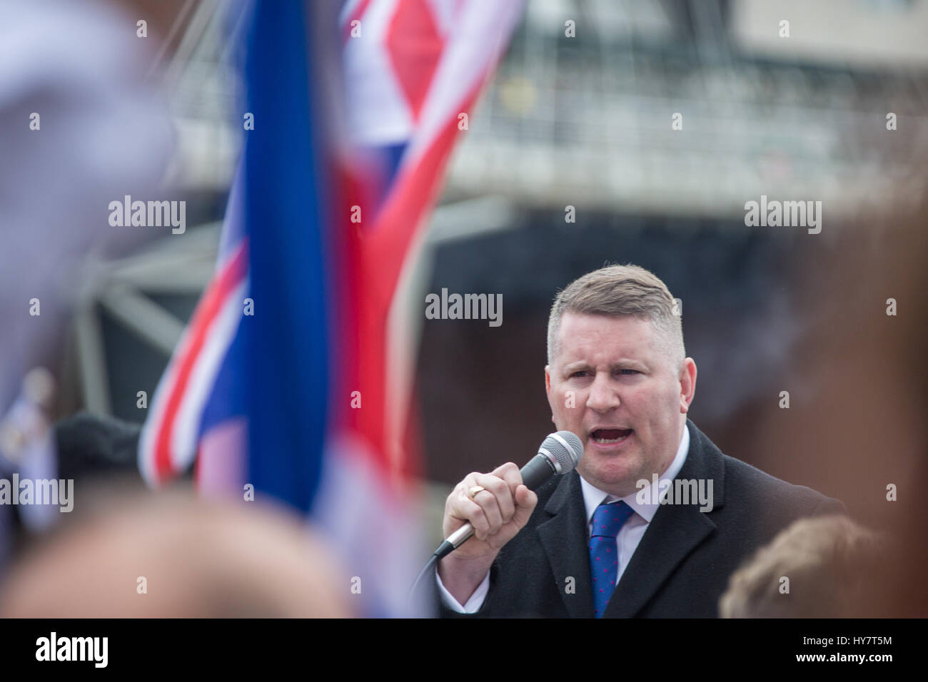 1 April, 2017. London,UK. Paul Golding addresses the English Defence ...