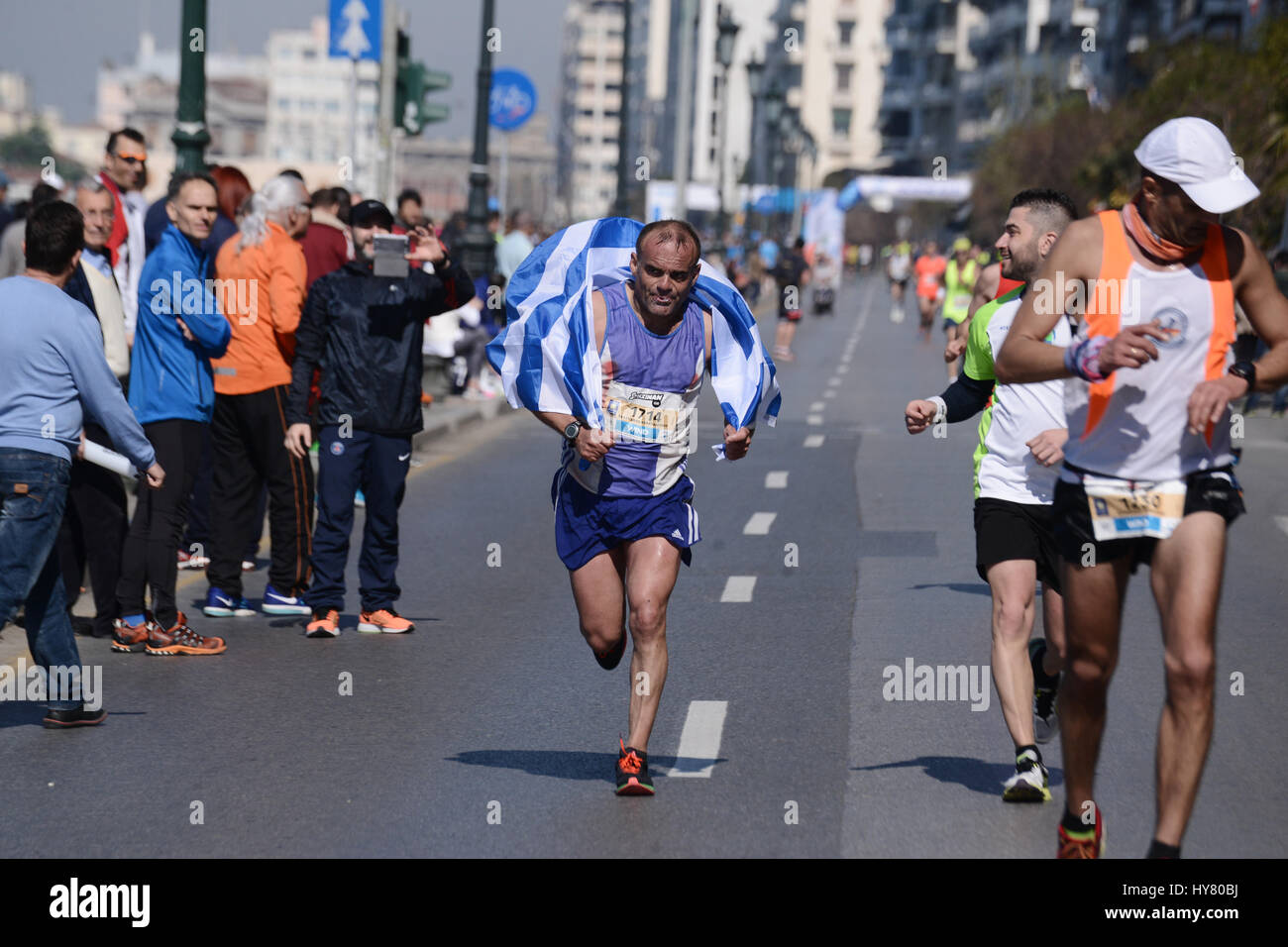 April 2, 2017 - Thessaloniki, Greece - An athlete holds a Greek flag as ...