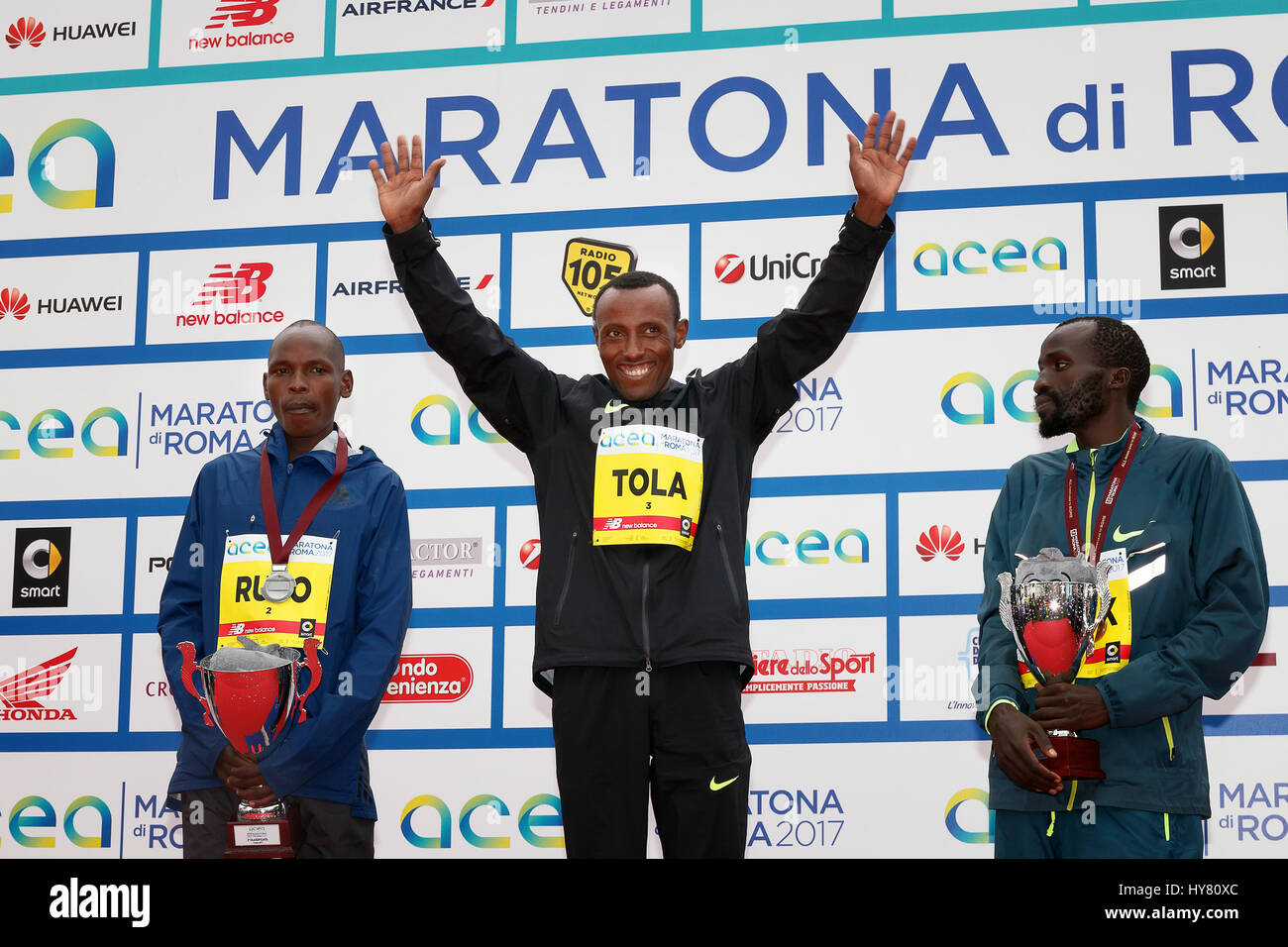 Rome, Italy. 02nd Apr, 2017. On stage with the top three finishers in ...