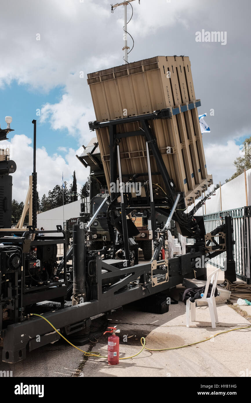 Hatzor Airbase, Israel. 2nd April, 2017. An Iron Dome missile launcher ...
