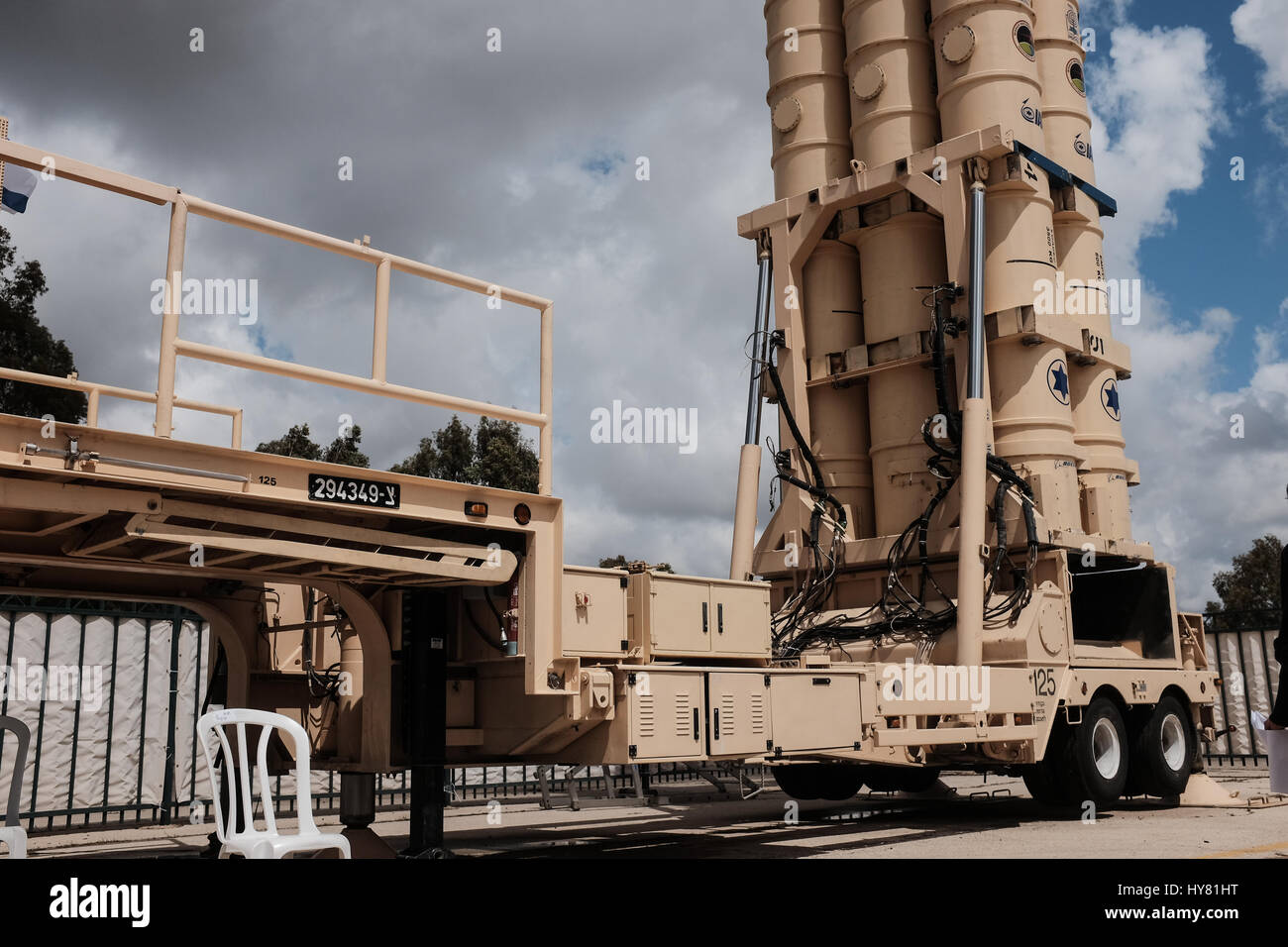 Hatzor Airbase, Israel. 2nd April, 2017. An Arrow missile launcher is ...