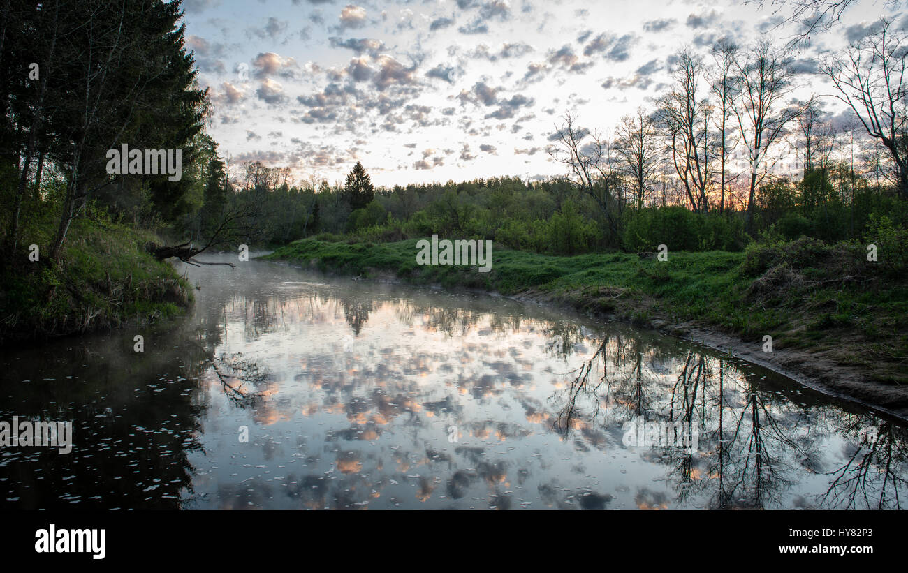 beautiful river in forest with reflections and trees on both sides of ...