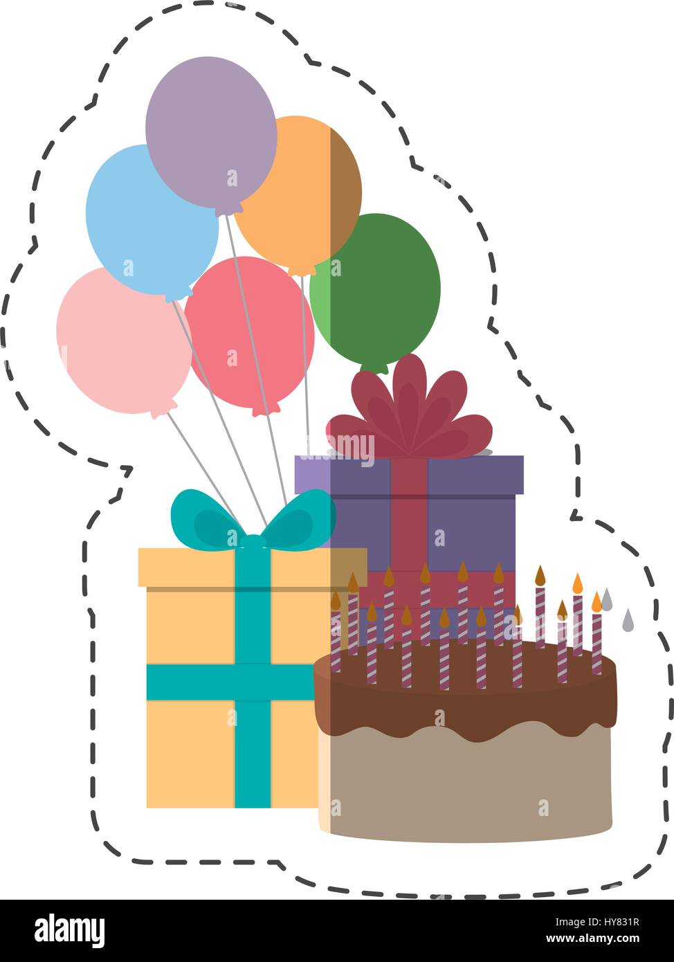 birthday cake, gift box and balloon icon over white background ...