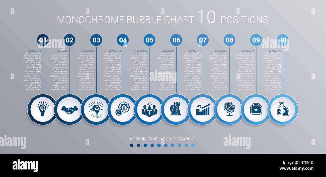 Infographics template for 10 steps. Monochrome Blue bubbles chart ...