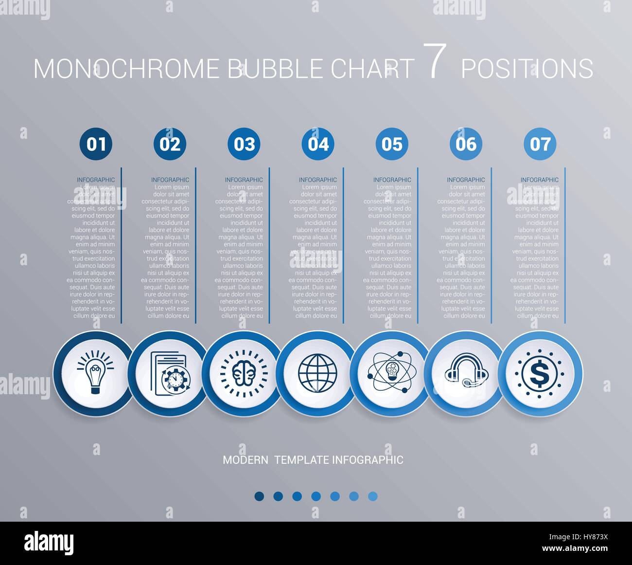 Infographics template for 7 steps. Monochrome Blue bubbles chart ...