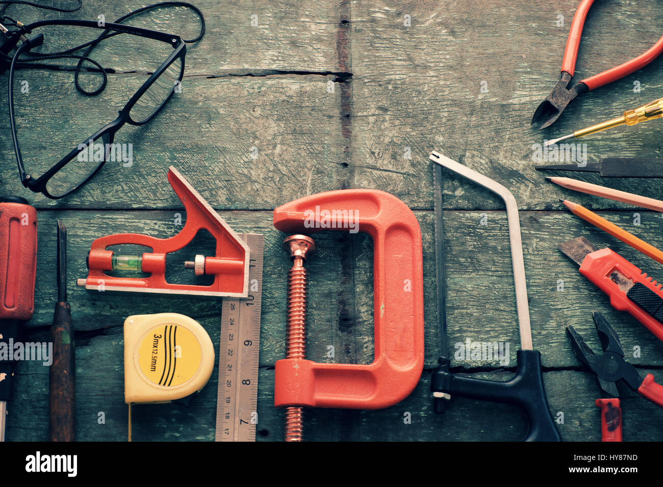 Diy tools background with group of crafting tools like scissors, hammer ...