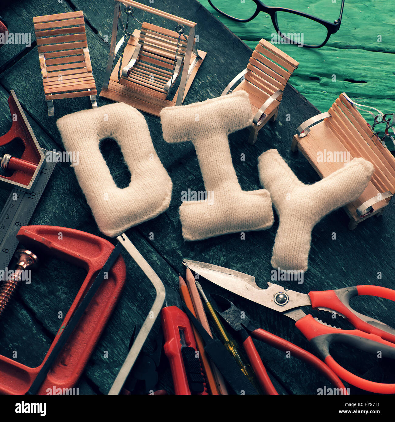 Diy tools background with group of crafting tools like scissors, hammer ...