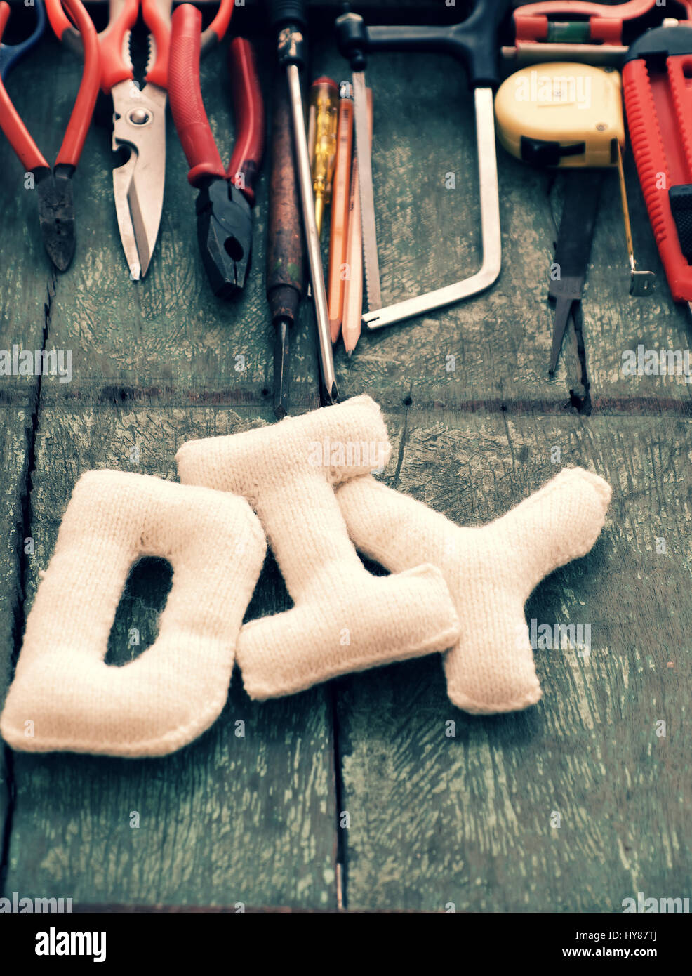 Diy tools background with group of crafting tools like scissors, hammer ...