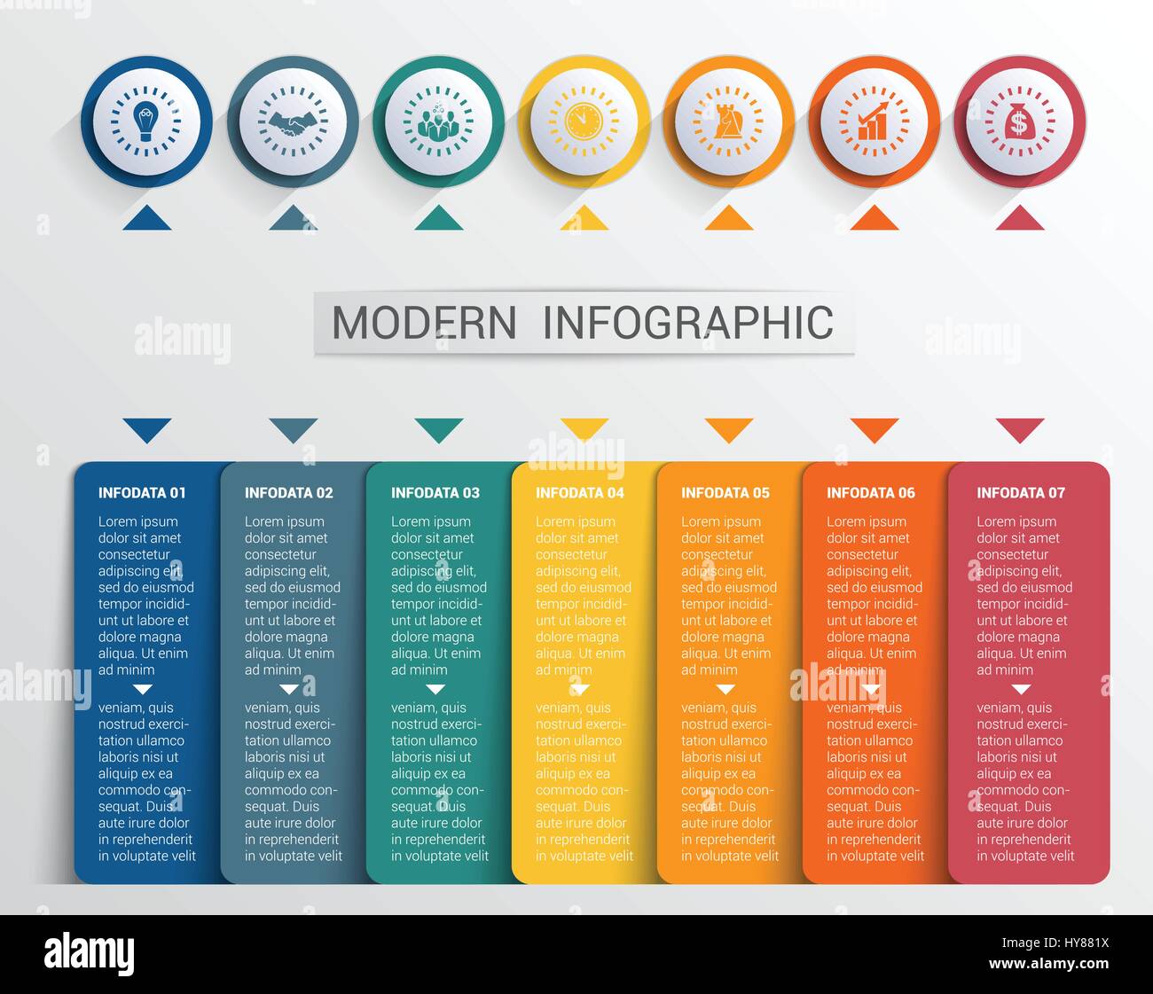 Infographics design template, color buttons and numbered 7 plates ...