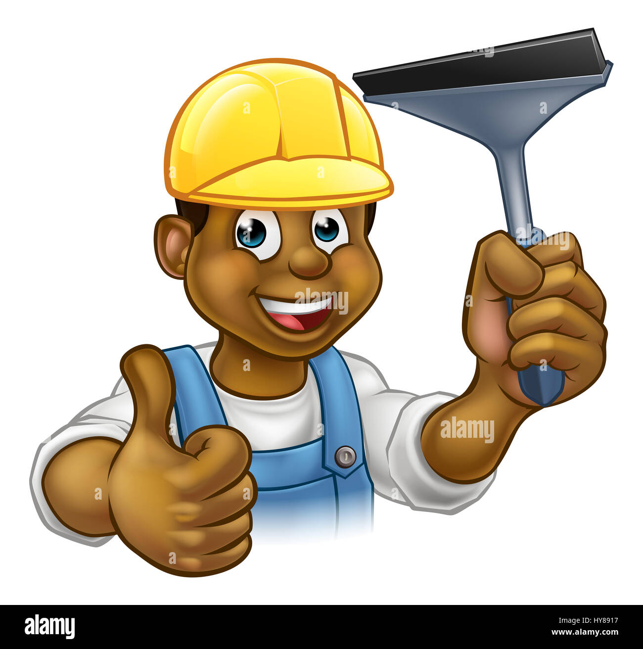 A window cleaner washer cartoon character holding a squeegee and giving ...