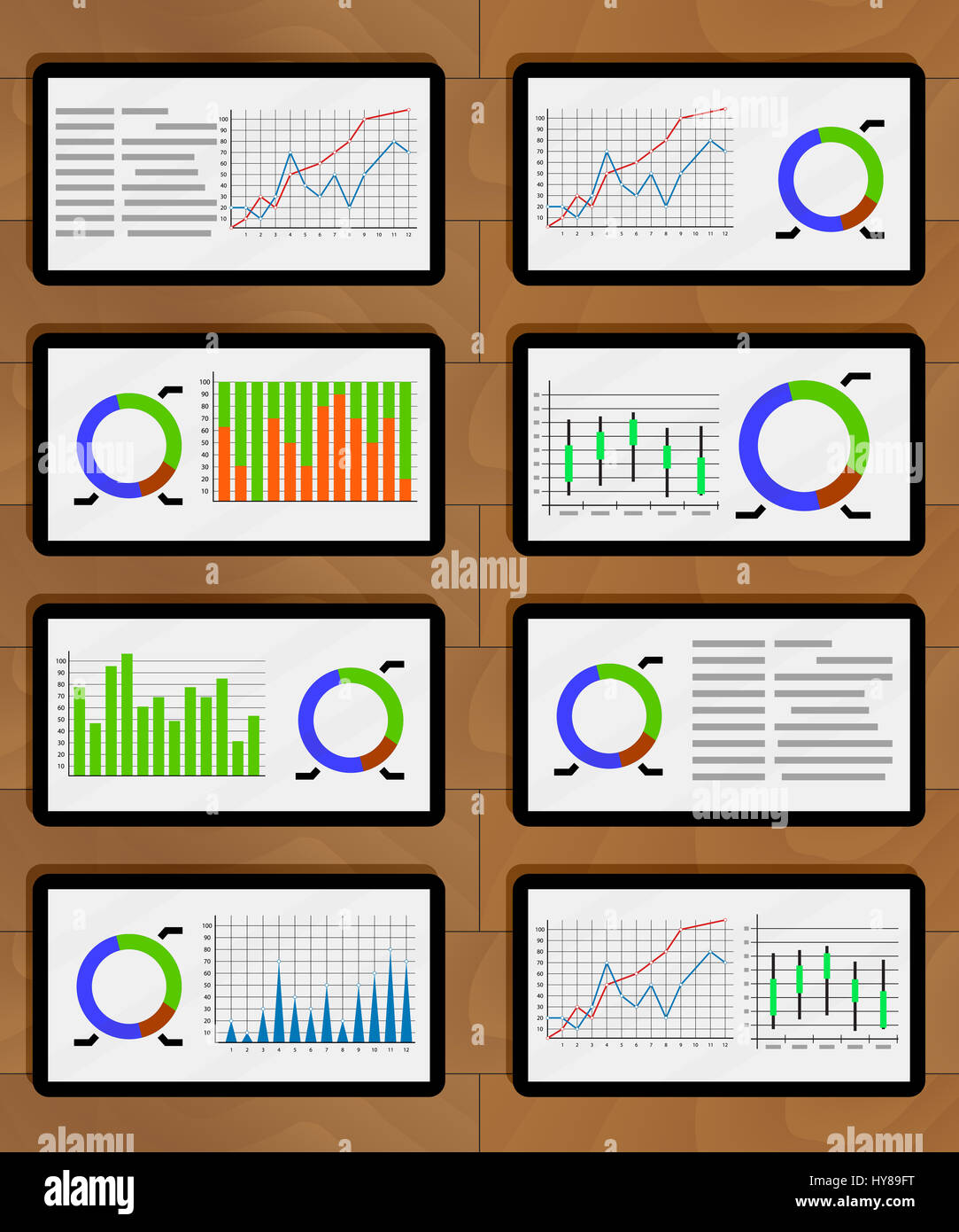 Set of chart and graphic on tablets. Statistical report infographic ...