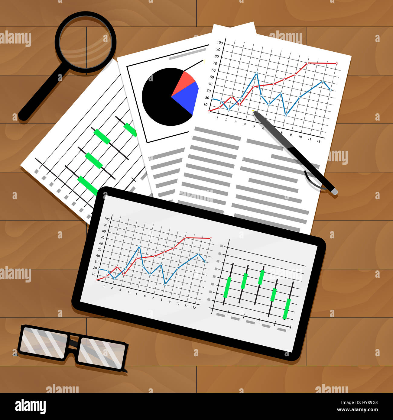 Statistical data on table. Annual chart and graphic on tablet, document ...