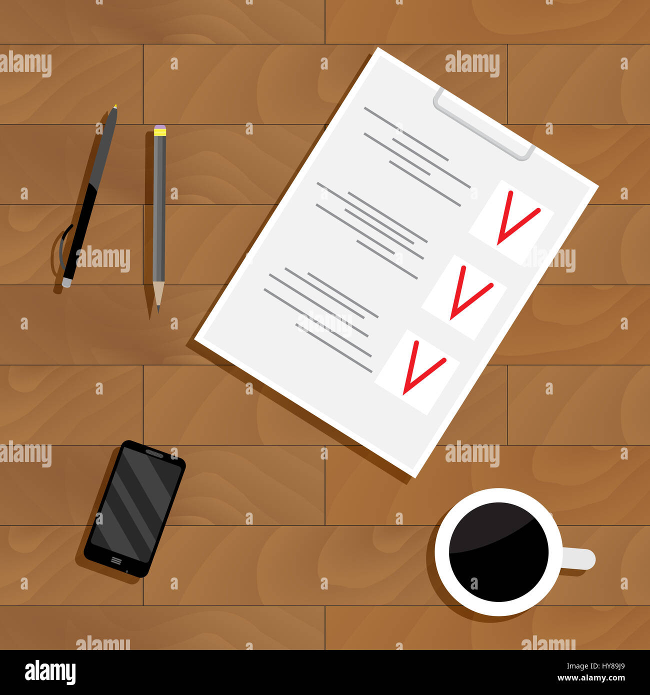 Plan business work. Checklist on table, vector illustration Stock Photo ...