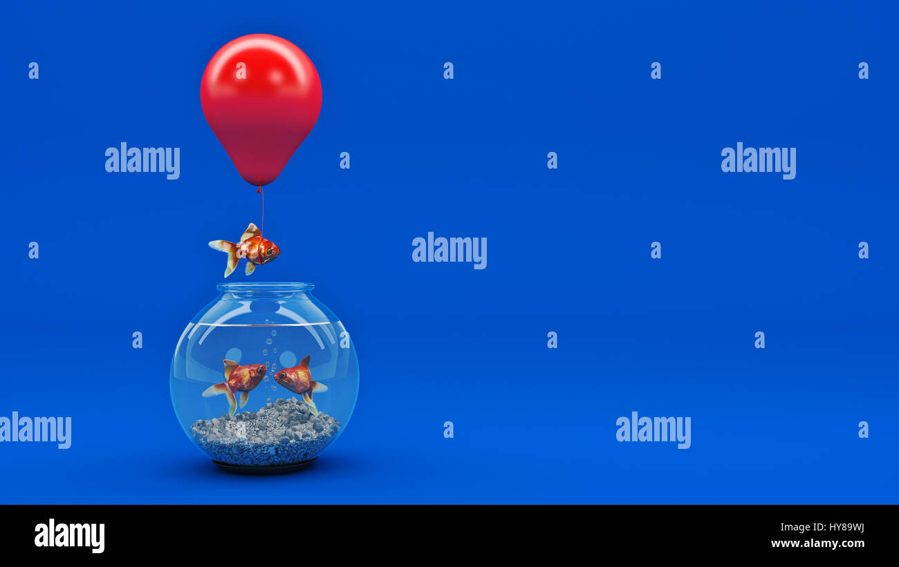 Gold fish flying away from a fishbowl with the help of a balloon. 3d ...