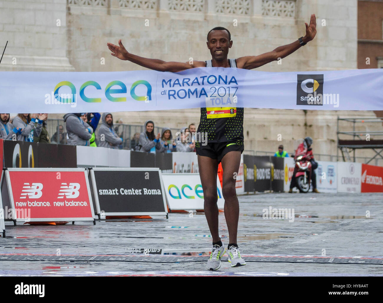 Rome, Italy. 02nd Apr, 2017. Tola Shura Kitata celebrates as he wins ...