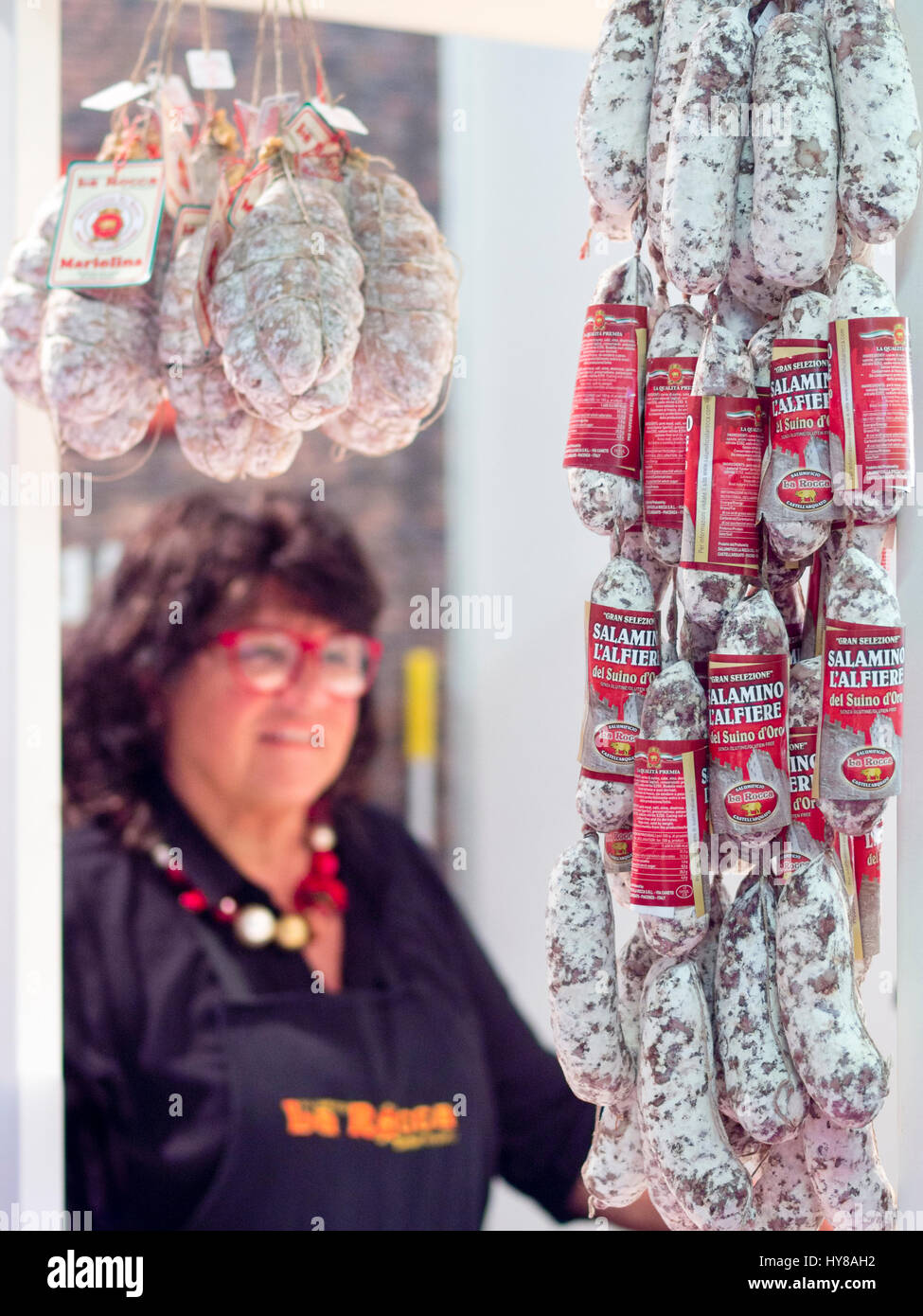 Salami producer at Salumi da re, prosciutto culatello ham and cold cuts ...