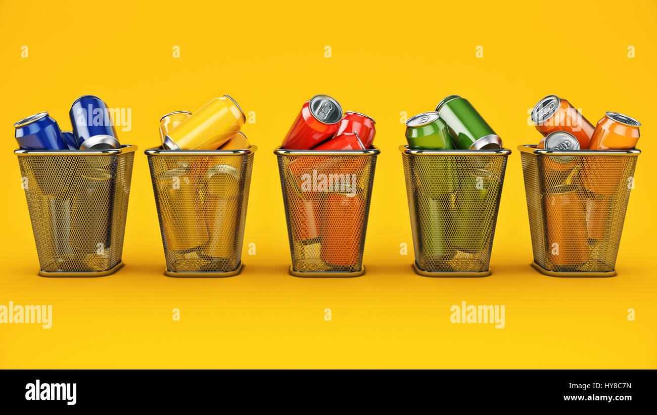 Recycling concept: drink cans in the trash bin. 3d rendering Stock ...