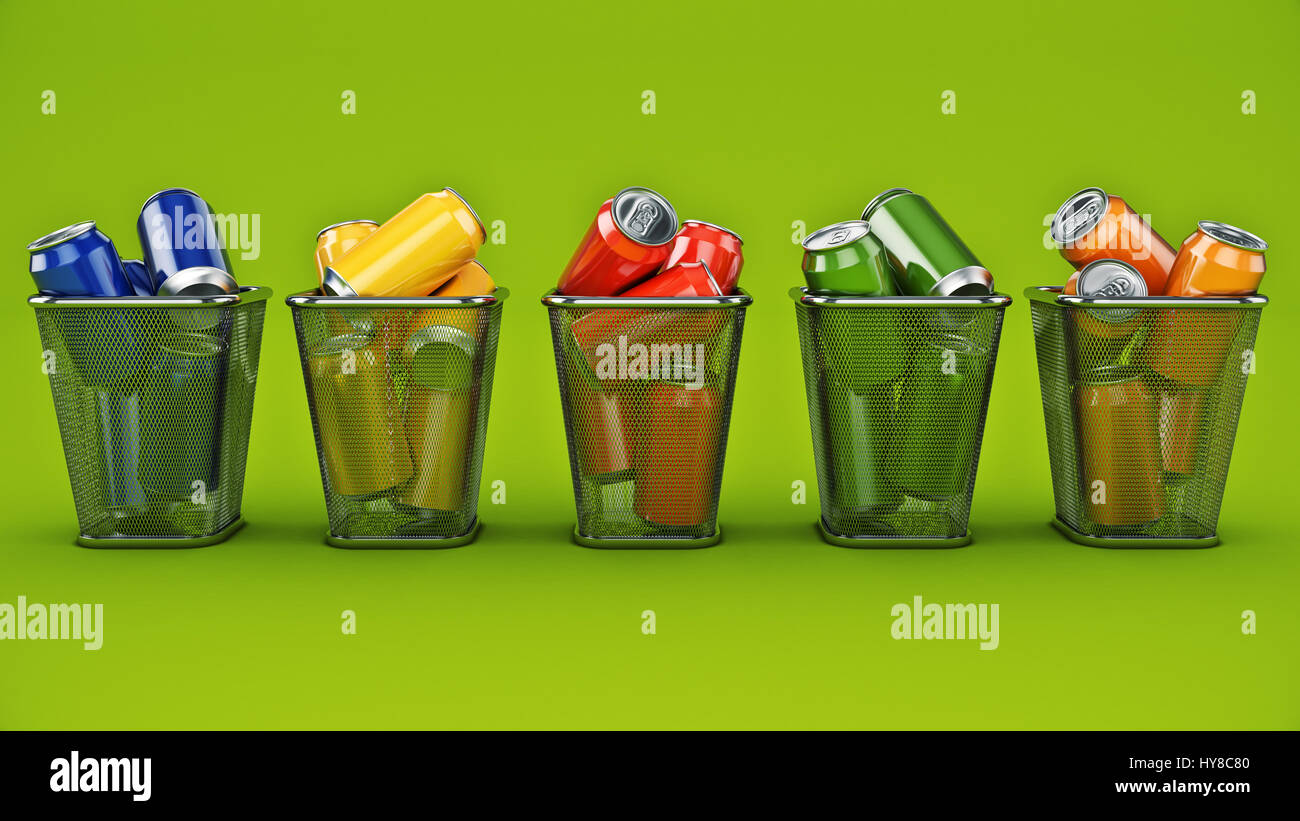 Recycling concept: drink cans in the trash bin. 3d rendering Stock ...